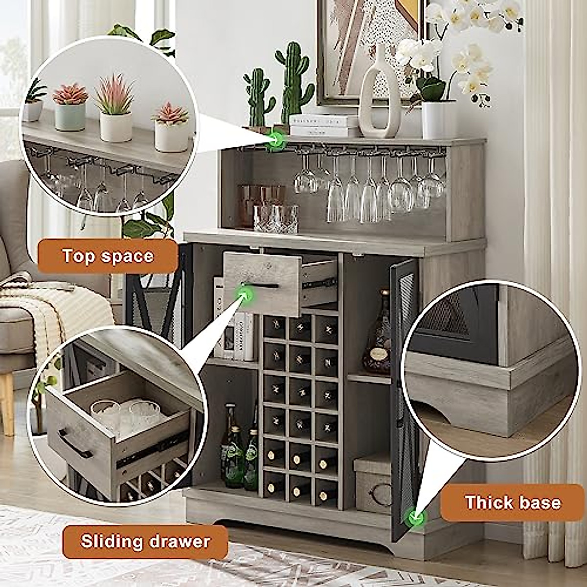 Warmiehomy Wine Bar Cabinet,Industrial Wine Cabinet Wood Sideboard with Liquor and Glasses Coffee Bar Cabinet with Wine Rack Liquor Cabinet for Home,Kitchen,Courtyard Dining Room(35inch,Gray)
