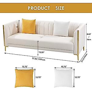 FOTOSOK 78'' Sofa, Modern White Sofas Couches for Living Room, Comfy Sofa Faux Leather Sofa 3 Seater Sofa with 2 Throw Pillows and Gold Metal Legs, Deep Seat Sofas for Living Room (Cream White)