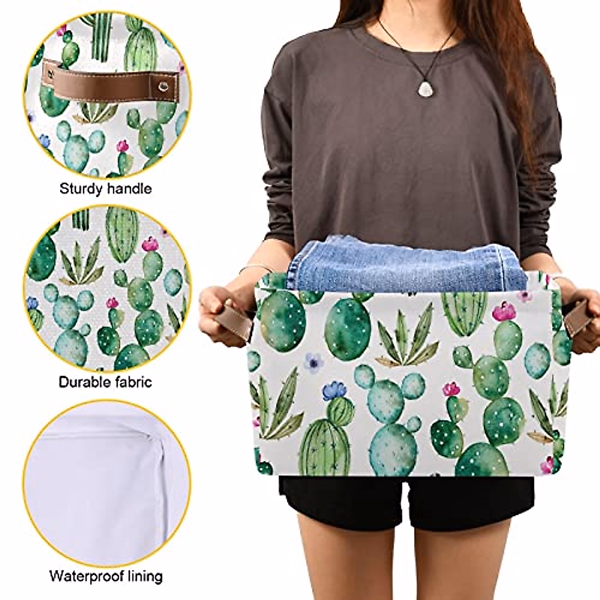 Rectangular Storage Bin Cube Cactus Succulent Floral Foldable Organizer Basket with Handles, Tropical Leaves Flower Collapsible Storage Box for Kids Toy Shelf Closet Nursery