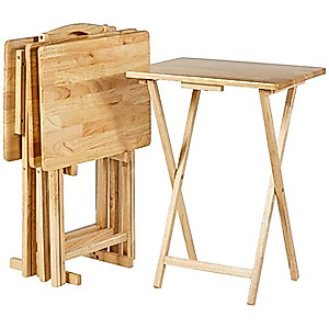 Amazon Basics Classic Portable TV Dinner Rectangular Folding Tray Table with Storage Rack, Natural - Set of 4 Trays, 15"D x 19"W x 26"H