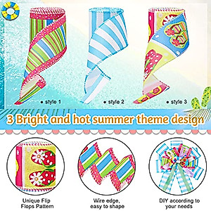 3 Rolls 18 Yards Summer Decorations Ribbon Flip Flop Wired Ribbon Polka Dot Stripe Burlap Ribbons Wired for Summer Wreath Bow DIY Craft Wrapping, 2.5 Inch