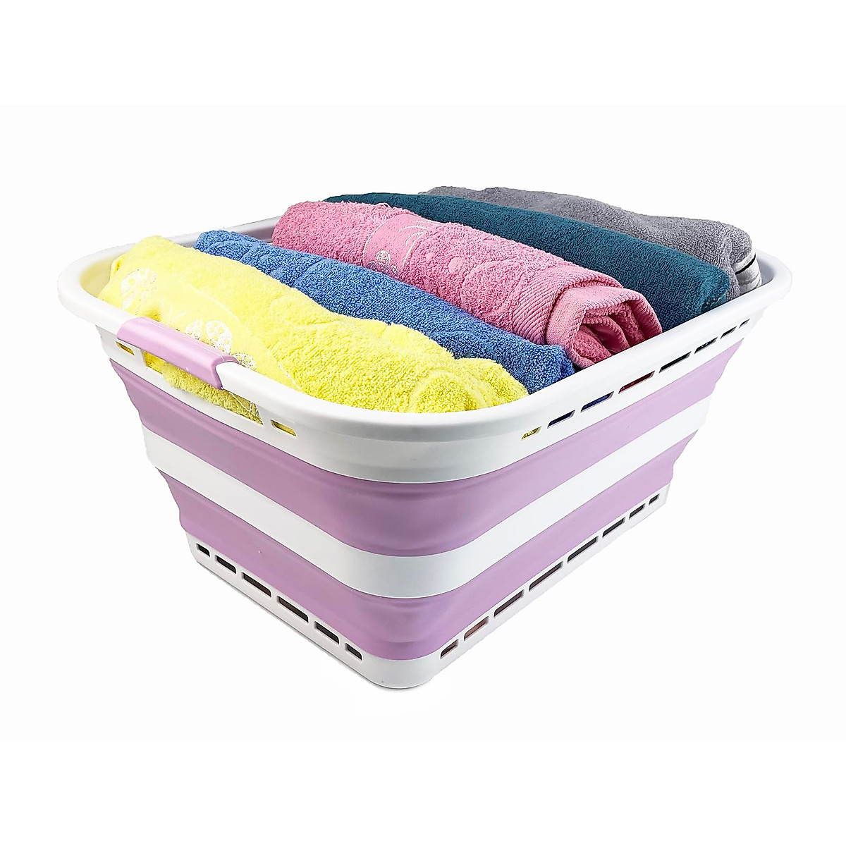 SAMMART 42L (11 gallons) Collapsible Plastic Laundry Hamper/Basket - Foldable Storage Container/Organizer - Portable Laundry Basket - Easy Storage Space Saving White/Pale Purple)