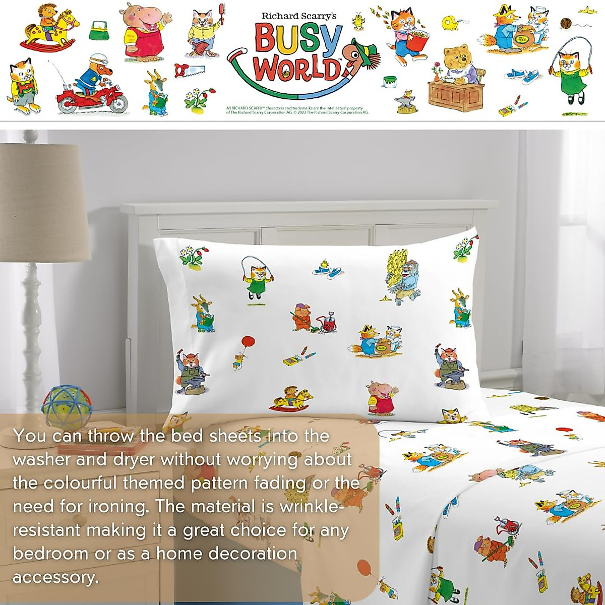 Franco Richard Scarry Book Kids Bedding Super Soft Sheet Set, Twin, (Official Licensed Product)