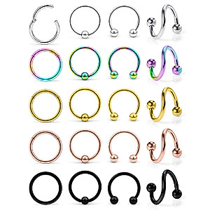 Dyknasz 20PCS 16G Twisted Spiral Barbell Hinged Segment Clicker Rings Cartilage Helix Daith Tragus Earring Surgical Steel Lip Labret Hoop Rings Piercing Jewelry for Women Men 8mm 5/16