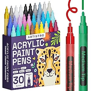 ARTISTRO Acrylic Paint Markers Pens – 30 Acrylic Paint Pens Medium Tip (3mm) - Great for Rock Painting, Wood, Fabric, Card, Paper, Ceramic & Glass - 28 Colors + Extra Black & White Paint Marker Set