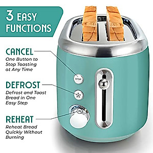 Mueller Retro Toaster 2 Slice with 7 Browning Levels and 3 Functions: Reheat, Defrost & Cancel, Stainless Steel Features, Removable Crumb Tray, Under Base Cord Storage, Turquoise