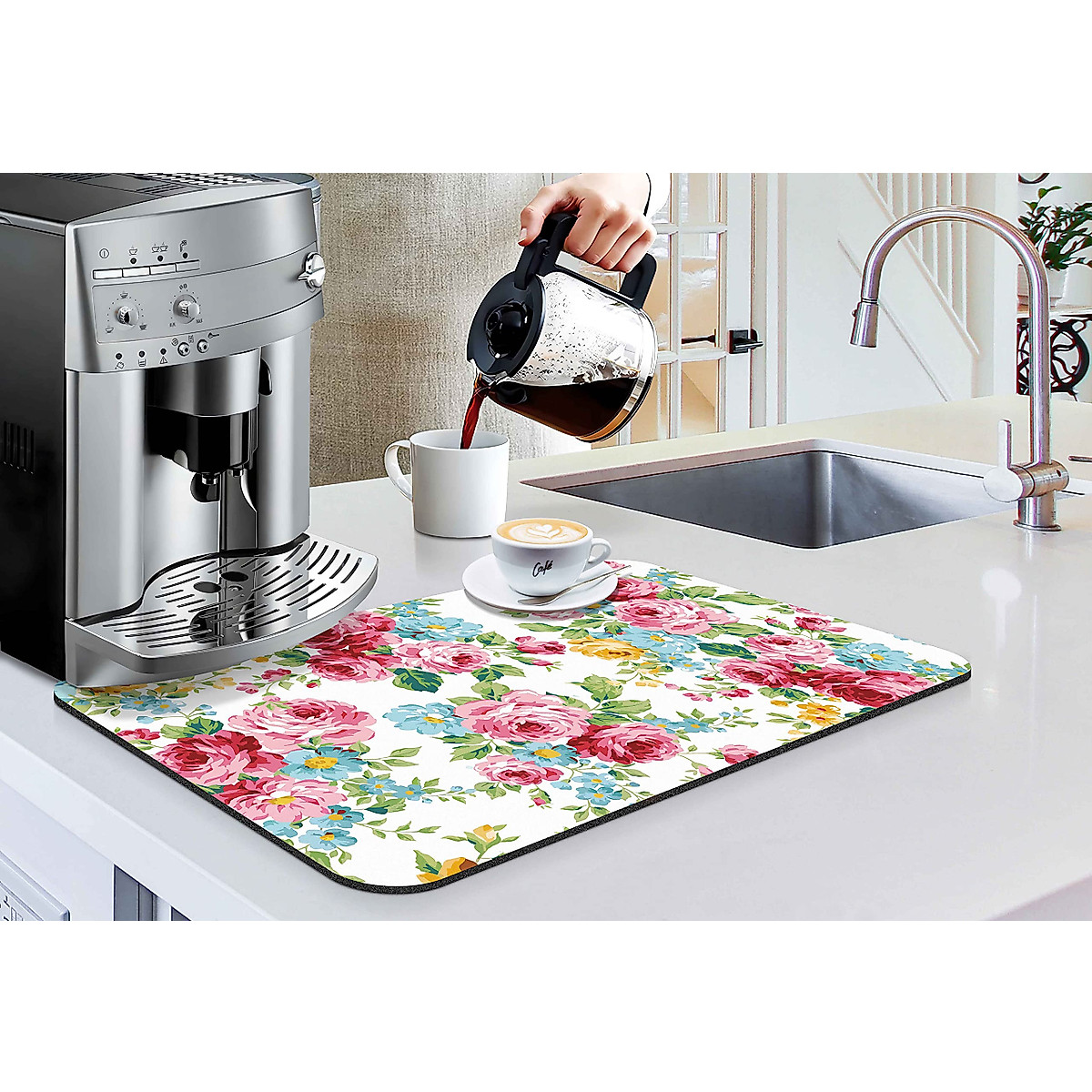 Coffee Bar Mat Accessories for Countertop Pioneer Flower Absorbent Hide Stain Rubber Backed Dish Drying Mats for Kitchen Counter Draining Pad Decor Gift Fit Under Coffee Maker (20x12in)