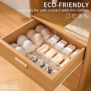 seinlife 6 Pack Plastic Drawer Dividers 3.2" High, 11-19.7" Adjustable Drawer Organizers for Clothes, Expandable Separators in Bedroom/Kitchen/Office Organization and Makeup Cosmetic Storage-Clear