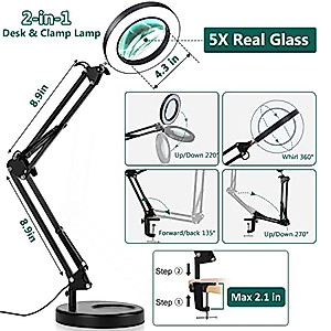 Magnifying Glass with Light and Stand, Veemagni 5X Real Glass 2-in-1 Desk Lamp & Clamp, 3 Color Modes Stepless Dimmable, LED Lighted Magnifier with Light for Hobby Reading Crafts Repair Close Works