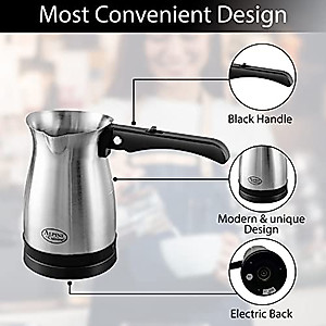 Arabic, Greek, & Turkish Electric Coffee Maker Machine Pot Warmer Kettle Premium Quality Stainless Steel 0.3 L, 4 Cup Capacity Cool Touch Handle Cordless Base (Foldable Handle, Travel Size)