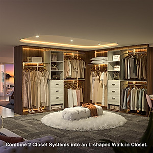 Armocity 96 Inches Closet System, 8FT Walk In Closet Organizer with 3 Shelving Towers, Heavy Duty Clothes Rack with 3 Drawers, Built-In Garment Rack, 96"L x 16"W x 75"H, Load 1000 LBS, White Oak