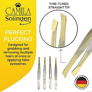 Camila Solingen CS31 3 1/2" Gold Tipped, Surgical Grade, German Stainless Steel Tweezers (Straight) - Flawless Facial Hair and Eyebrow Shaping and Removal for Men/Women