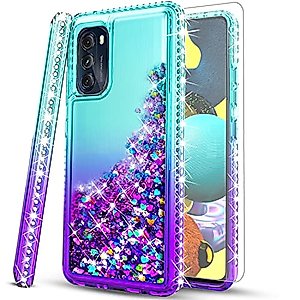 STARSHOP Moto G Stylus 5G 2022 Phone Case, with [Tempered Glass Screen Protector Included] Liquid Bling Sparkle Floating Glitter Quicksand Cover Girls Women for Motorola G Stylus 5G 2022- Teal/Purple