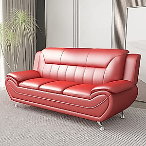 US Pride Furniture Michael Collection Modern Style Faux Leather Couch-Versatile 3 Seater Accent Piece for Living Room, Bedroom or Office-Comfortable Design and Elegant Look, 79" Sofa, Coral Red