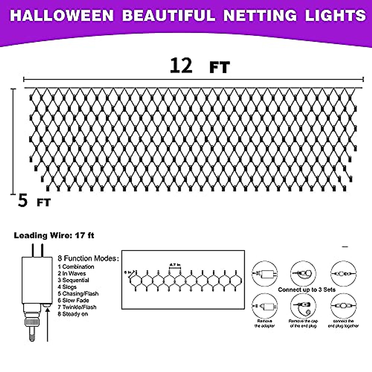 FUNPENY Halloween 360 LED Net Lights, 12ft x 5ft 8 Modes Waterproof Connectable Christmas Decorations for Outdoor Garden Party Decor (Purple Orange)