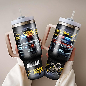 WAZONE Personalized Police Car Tumbler With Lid Custom Name Insulated Travel Mug Tumbler 40oz with Handle and Straw Gifts For Retirement Officers Retired Officer Men Women On Birthday