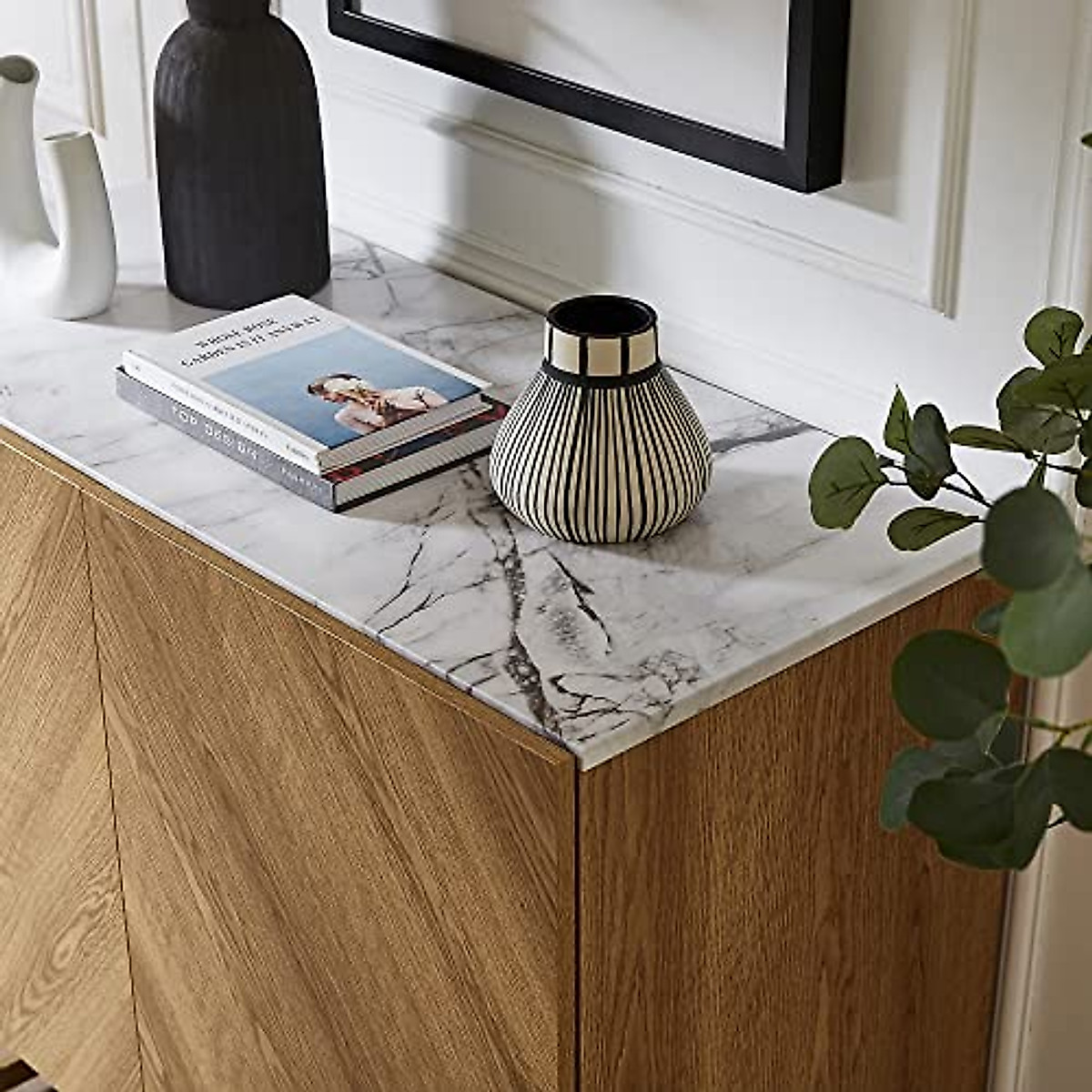 roomfitters 39" Modern Sideboard Buffet Cabinet, Herringbone Pattern Mid-Century Credenza with Doors, Media Console with Storage, Wine Cabinet for Kitchen, Living Room, Entryway, Oak, Gold Metal Legs