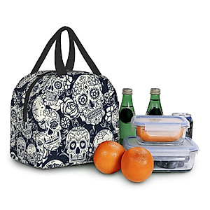 Duduho Floral Sugar Skull Lunch Bag Compact Halloween Tote Bag Reusable Lunch Box Container For Women Men School Office Work