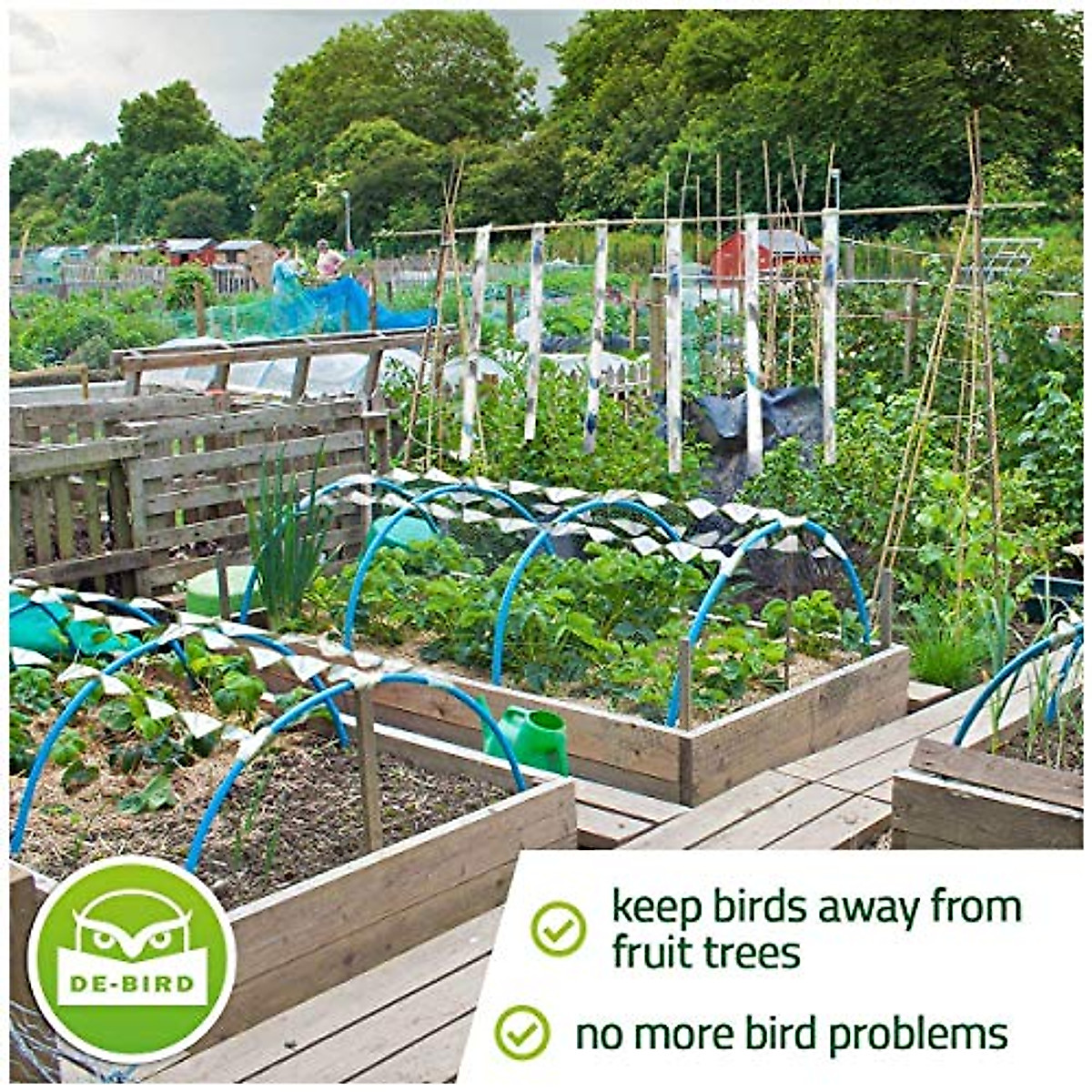 De-Bird Bundle Includes: Scare Tape - Reflective Tape and Heavy Duty Bird Netting to Keep Away Woodpecker, Pigeon, and Protect Plants & Fruit Trees