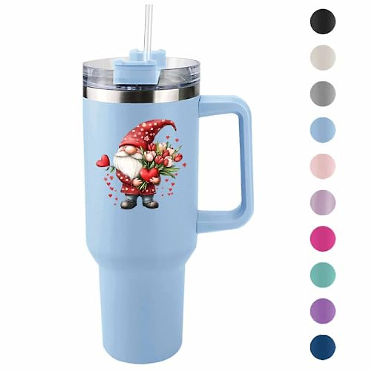 LB LEOBON 40 ounce insulated cup with handle, double-layer vacuum stainless steel material, equipped with straw, can keep warm or maintain cold drinks Gnome Love Bouquet Q wathet