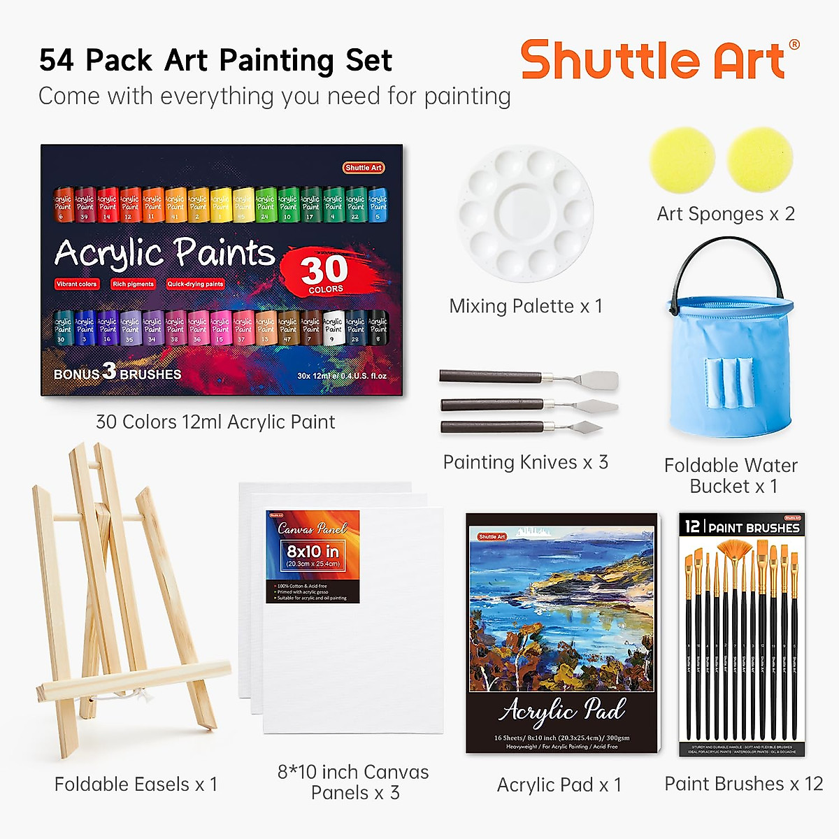 Shuttle Art 54 Pack Acrylic Paint Set, Acrylic Painting Set with 30 Colors Acrylic Paint, Wooden Easel, Painting Canvas, Paint Brushes, Palette, Art Painting Supplies for Kids Adults Beginner Artists
