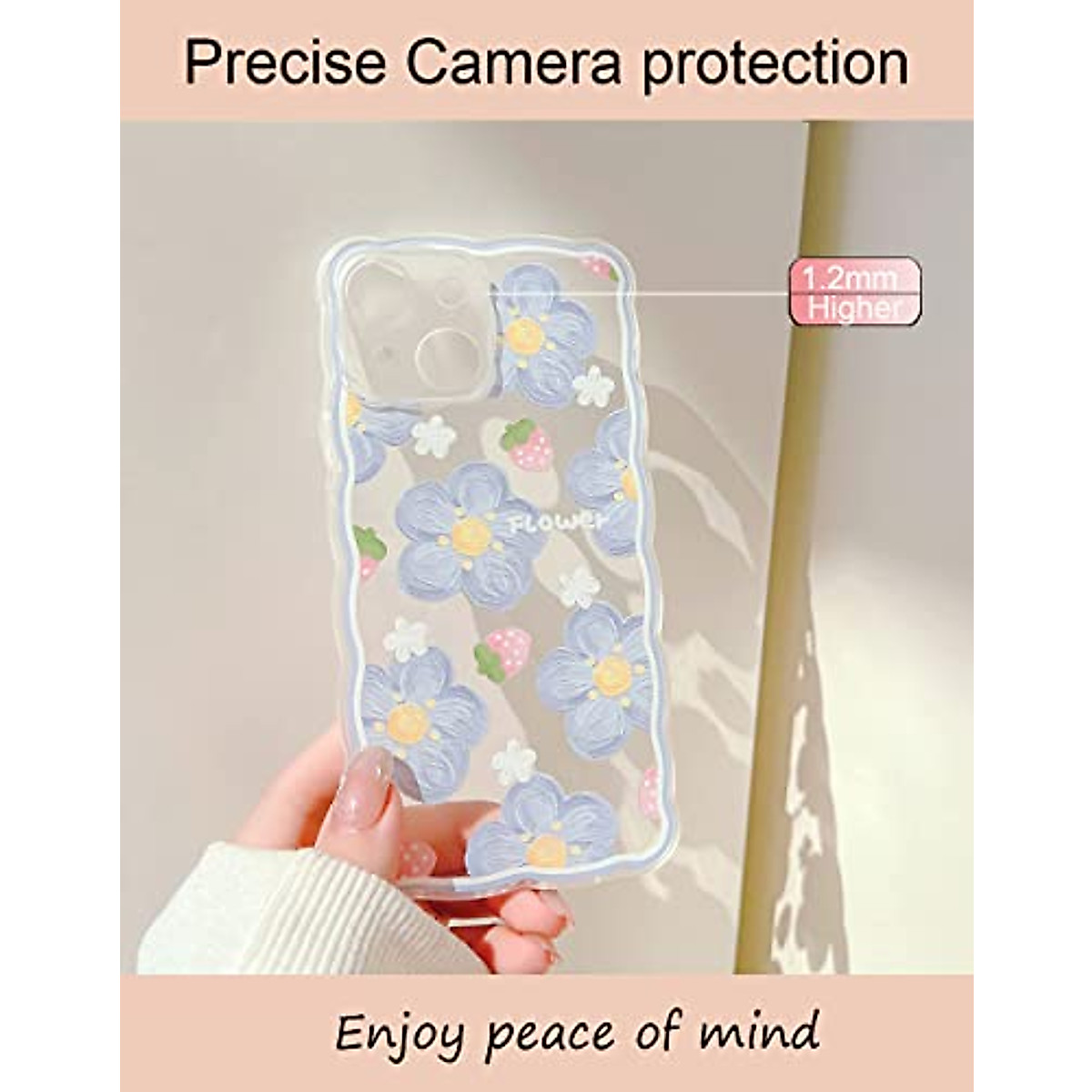 GUSDBSW Compatible with iPhone 13 Case Cute for Women Girls, Fashion Wave Grip Design & Aesthetic Curly Pattern, Clear Soft TPU Phone Case - Blueberry Flower
