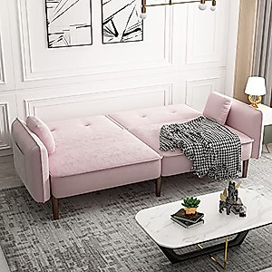 Sofa Bed, HABITTRIO 75" Modern Pink Fabric Upholstered 3-Seater Sleeper Couch with Adjustable Splict-Back Design, 2 Side Pockets, 2 Toss Pillows, Fit for Small Living Room, Apartment