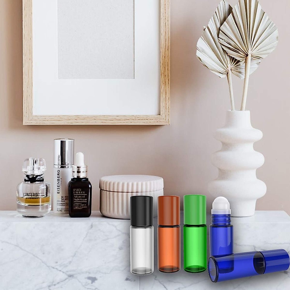 Nylea 4 Pack Essential Oil Roller Bottles [Plastic Roller Ball] FREE Plastic Pippette and Funnel - Refillable Glass Color Roll On for Fragrance Essential Oil - 30ml 1 oz (MIX)