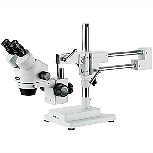 AmScope SM-4B Professional Binocular Stereo Zoom Microscope, WH10x Eyepieces, 7X-45X Magnification, 0.7X-4.5X Zoom Objective, Double-Arm Boom Stand