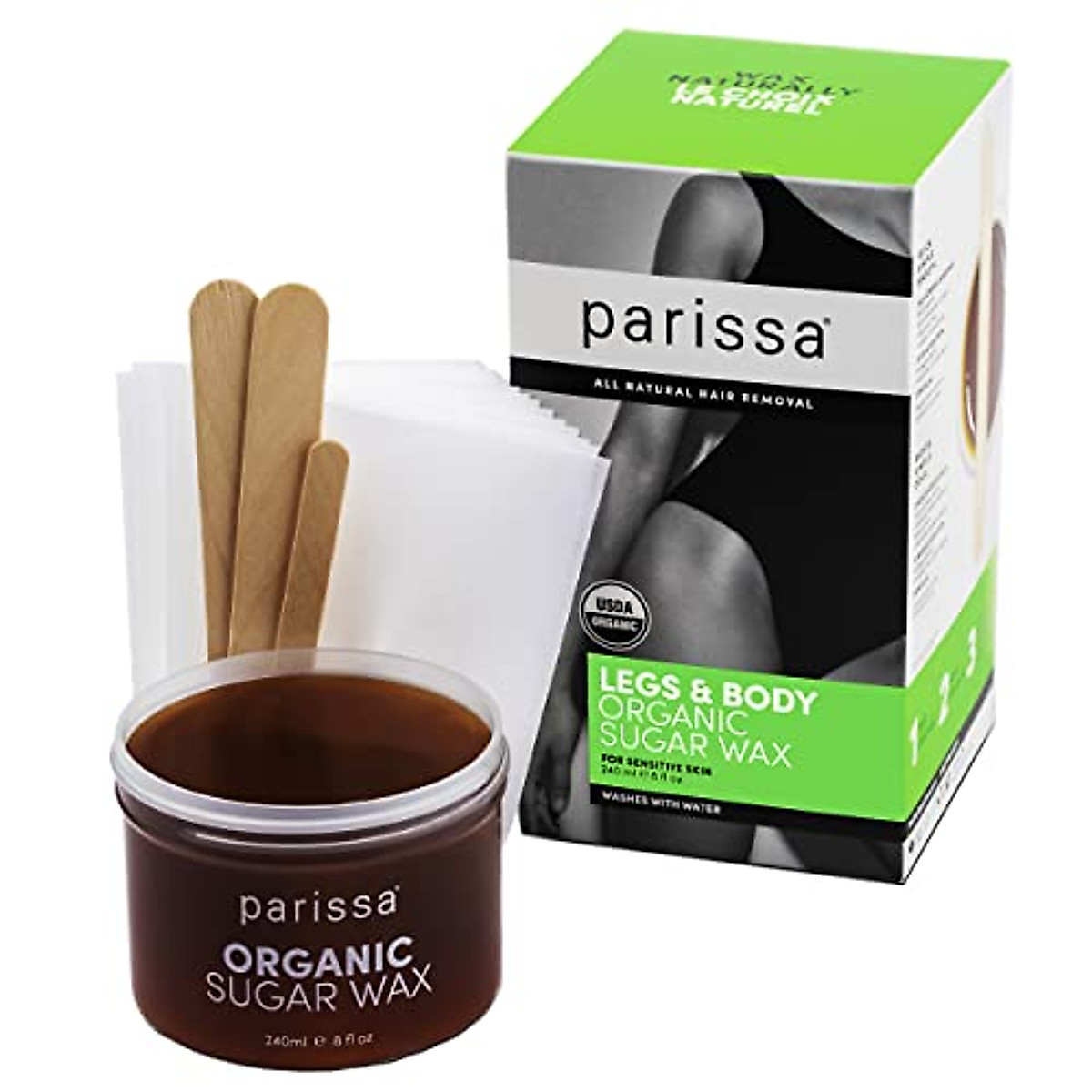 Parissa Legs & Body Organic Sugar Wax for Sensitive Skin, 100% Natural, Gentle & Washable Formula at Home Waxing Kit, Green, 8 Fl Oz