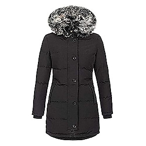 Womens Winter Puffer Coats Warm Faux Fur Hood Zip Up Padded Down Jackets Plus Size Waterproof Parka Outwear with Pocket Black