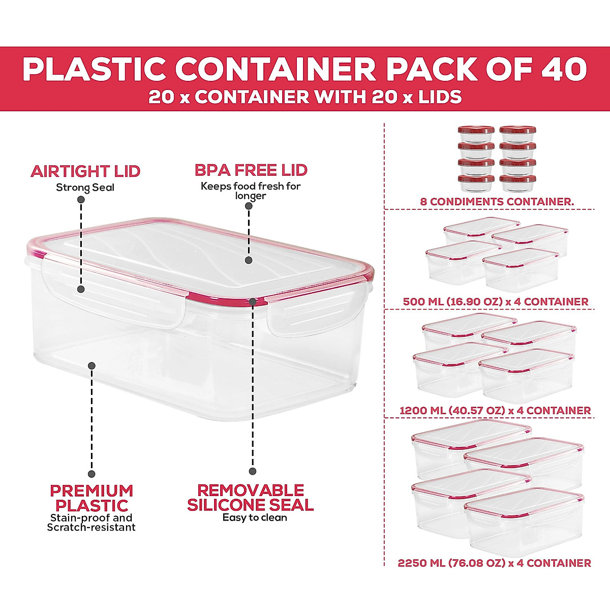 Utopia Kitchen Plastic Food Storage Containers with Lids Airtight - Pack of 40 (20 Containers & 20 Lids)- Reusable & Leftover Food Lunch Boxes - Leak Proof, Freezer & Microwave Safe Rice Containers