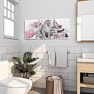 Visual Art Decor Glam Fashion Picture Pink Blush Wall Art Leopard Books High Heel Shoes Perfume Canvas Prints for Modern Home Office Woman Girl Makeup Bedroom Wall Decoration Creative Design Gift (12x16x3)