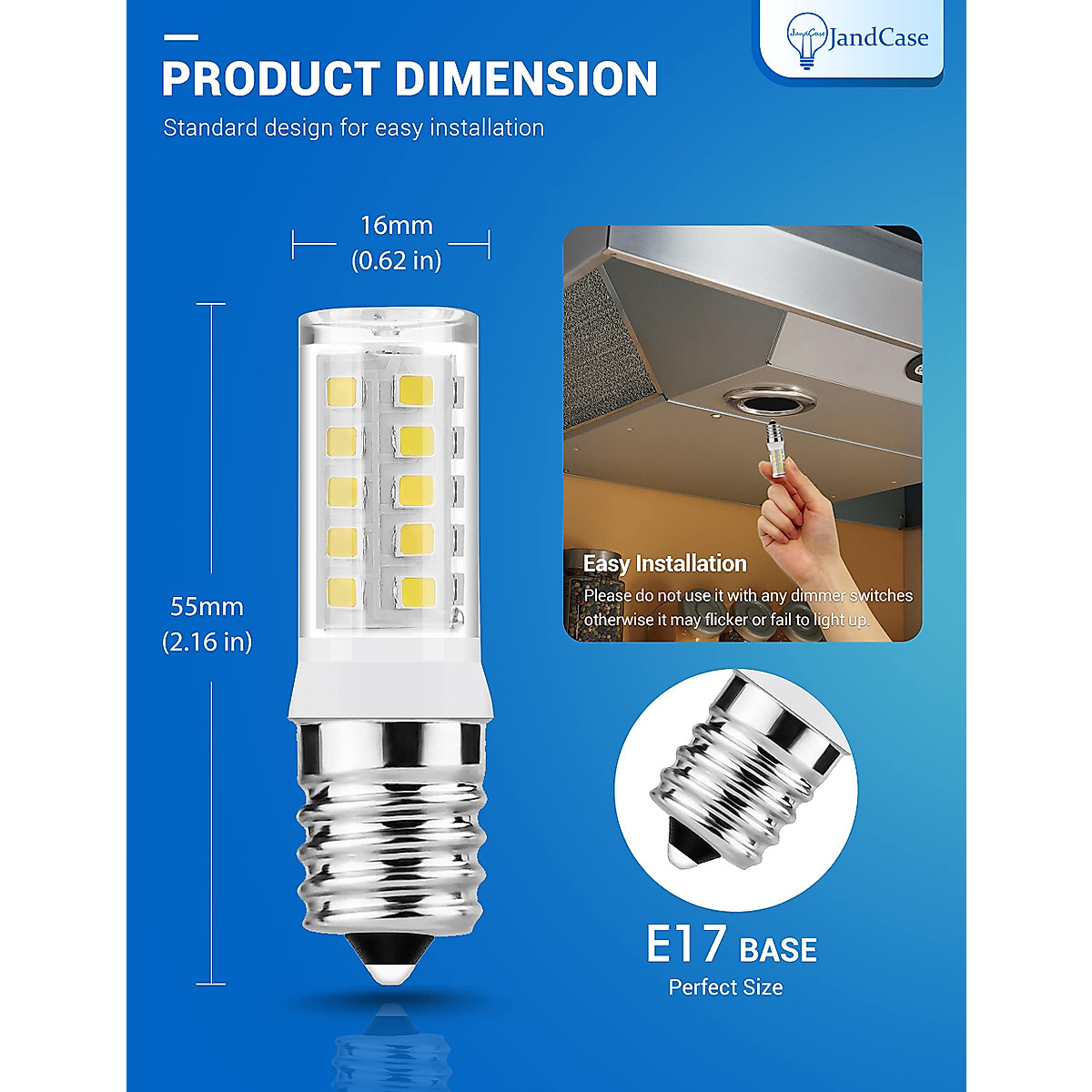 JandCase E17 LED Bulbs, Microwave Oven Light Bulbs 40 Watt Equivalent Non-Dimmable, Warm White 3000K Under Microwave Light Bulb, E17 Appliance Bulbs Replacement for Refrigerator, Stove Hood, 2 Pack