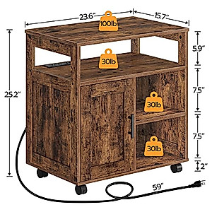 HOOBRO Printer Stand with Charging Station, Rolling Wood Storage Cabinet on Wheels, Printer Cart Table on Wheels for Home Office Rustic Brown FG60UPS01