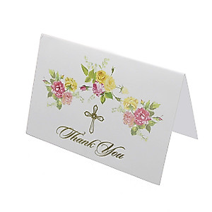 25 Religious Thank You Cards with Envelopes | Baptism Thank you Cards | First Communion Thank You Cards | Floral Design with Gold Foil Cross | Matching Floral Envelope Sticker Included