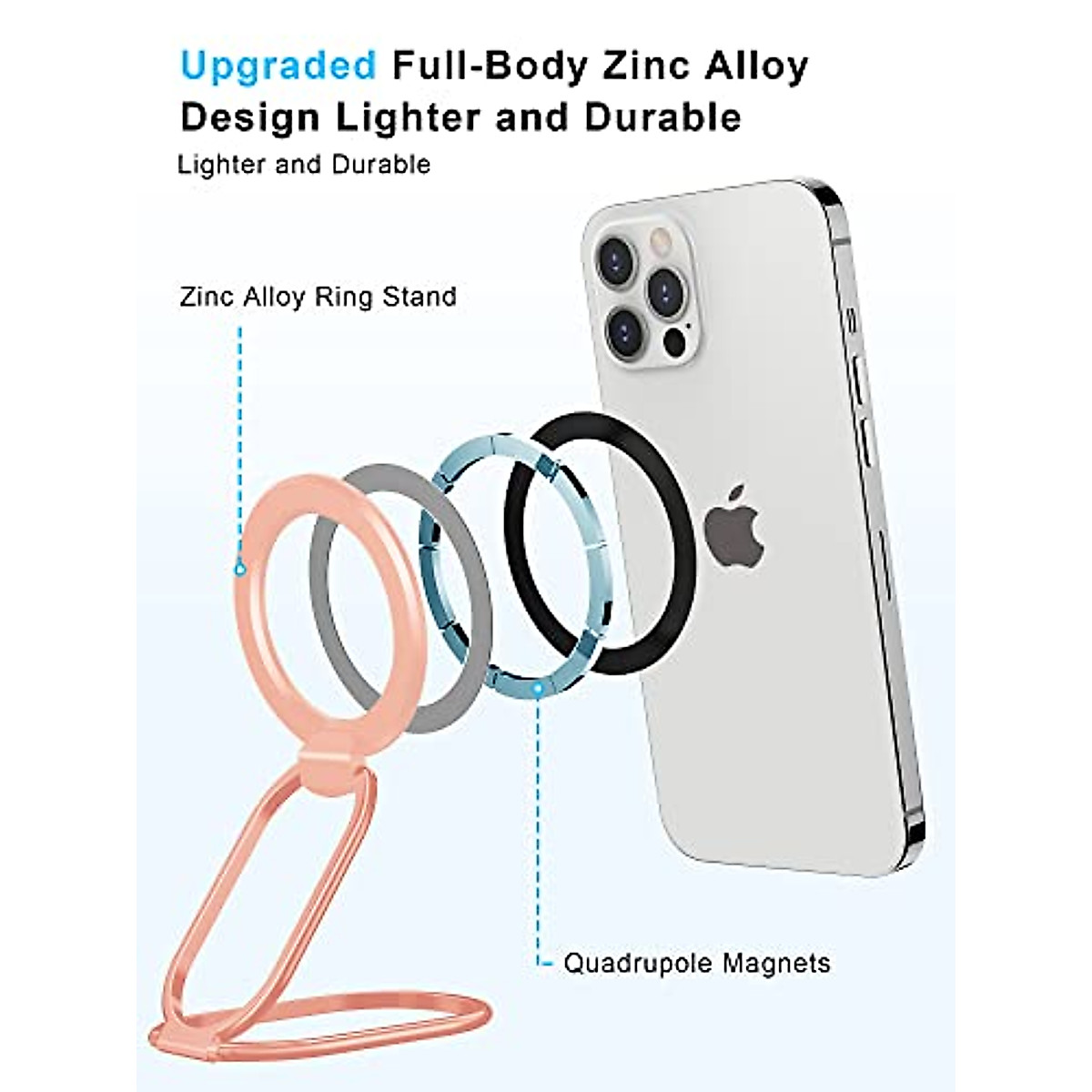 【2023 Upgraded】 Mag Safe Phone Ring Holder, SUPERONE Adjustable Magnetic Kickstand & Removable Phone Grip Compatible with Wireless Charging Only for iPhone 14 & 13 & 12 Series - Rose