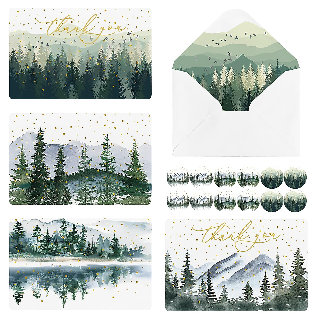 Artoid Mode 36 Pack Mountain Tree Forest Thank You Cards Golden Polka Dot Greeting Cards Gift With Envelope Sticker Blank Note Cards for Birthday Wedding Baby Shower Bridal Shower, 4 x 6 Inch