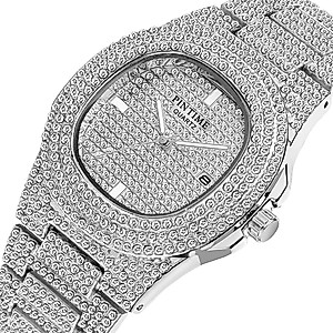 Gosasa Men's/Womens Unisex Crystal Watch Full Bling Iced-Out Cuban Watch Oblong Silver/Gold Wristwatch Hip-Hop Stainless Steel Bracelet Watch (Silver) (Silver)