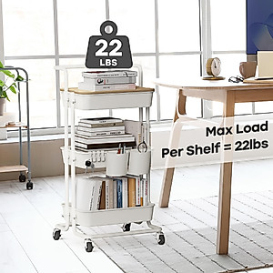DTK 3 Tier Utility Rolling Cart with Cover Board, Rolling Storage Cart with Handle and Locking Wheels Kitchen Cart with 2 Small Baskets and 4 Hooks for Bathroom Office Balcony Living Room(White)
