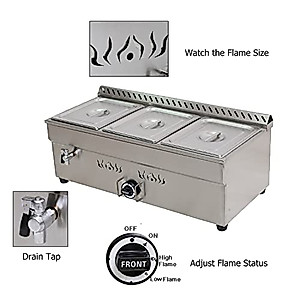 HayWHNKN 3-Pan LP Gas Food Warmer Propane Steam Table Stainless Steel Bain Marie Buffet for Parties (with Gas Regulator Valve) 1/2 * 4”