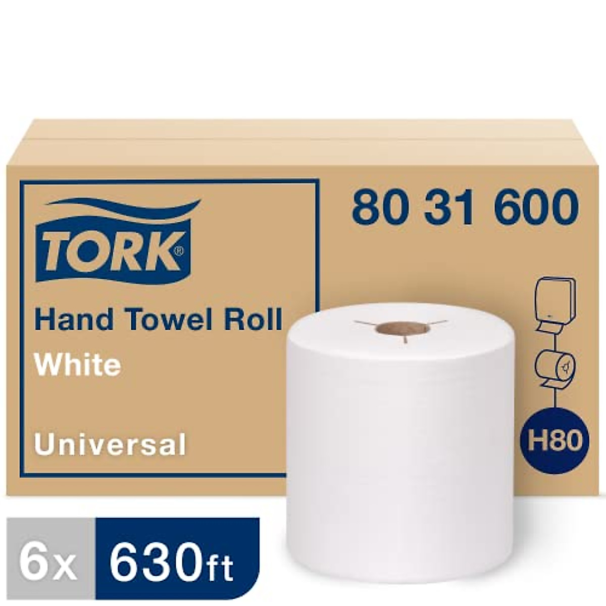 Tork Hand Towel Roll White H80, Universal, 100% Recycled Fiber, 6 Rolls x 630 ft, 8031600