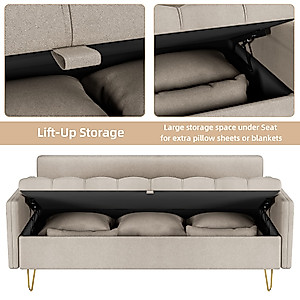 Senfot Sofa Couch Faux Leather 60" W Sofas with Lift-Up Storage and Comfortable Hand Stitched, Pillows, Modern Design with Button Tufted and Gold Metal Legs in Beige