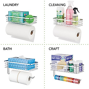 mDesign Steel Horizontal Wall Mount Paper Towel Holder with Basket Storage Organizer for Kitchen Countertop, Pantry, Cabinet, Cupboard - Holds Spices, Snacks, Drinks - Carson Collection - Chrome