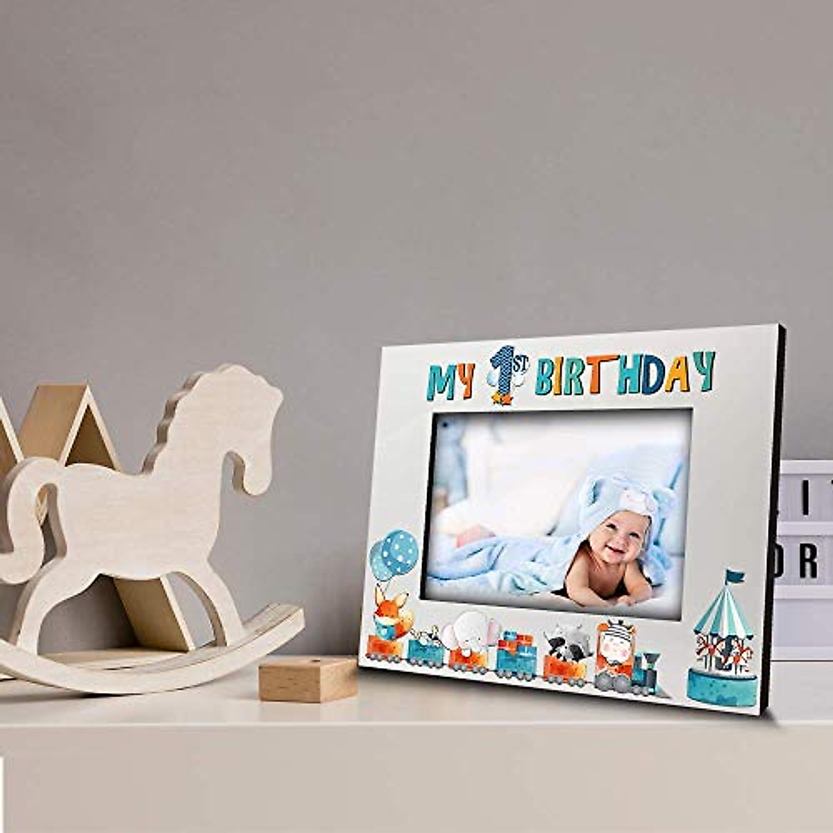 BELLA BUSTA-My 1st Birthday-Baby Boy, Baby Girl First Birthday-UV Print Gloss White Picture Frame (Boy, 5x7 Horizontal)