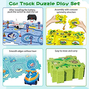 DIY Assembling Electric Trolley, 2024 New Upgrade Toddler Puzzle Track Play Set with Vehicles, Rail Car Building Toys Vehicle & Puzzle Board, Montessori Toys for Kids Ages 3+ (Dinasour)