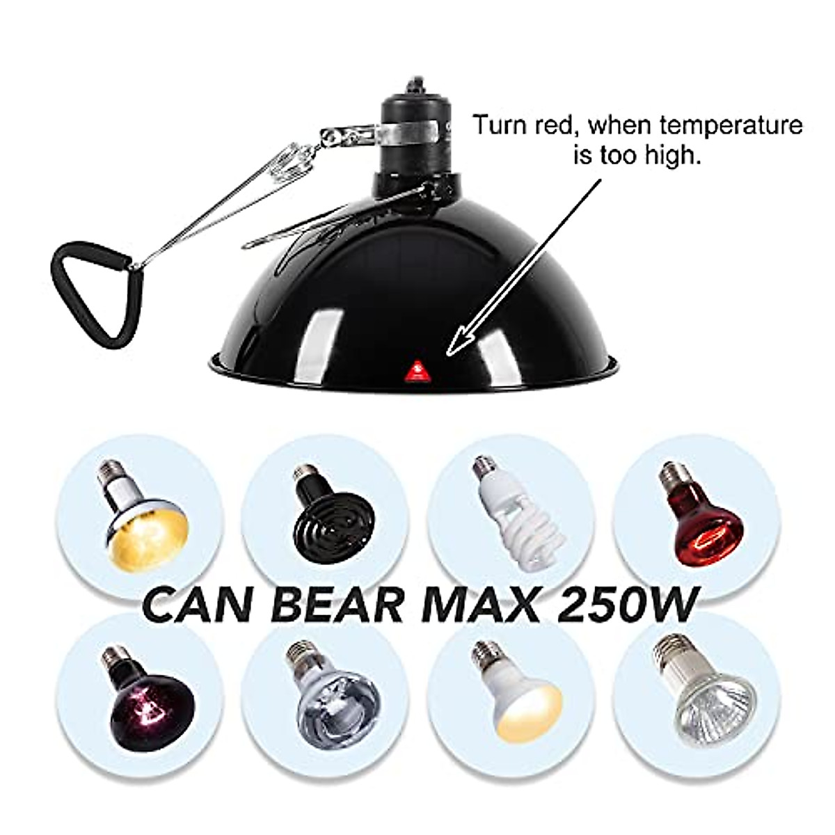 OIIBO Reptile Heat Lamp Fixture,10 Inch Deep Dome Reptile Light Fixture with 250W Ceramic Heat Lamp,UVB Reptile Light for Reptile Glass Terrariums