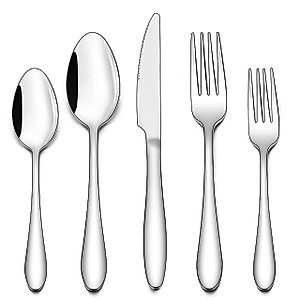 Homikit 40-Piece Silverware Set, Stainless Steel Flatware Cutlery Set for 8, Modern Home Restaurant Wedding Eating Utensils, Include Knife Spoon Fork, Dishwasher Safe, Mirror Polished