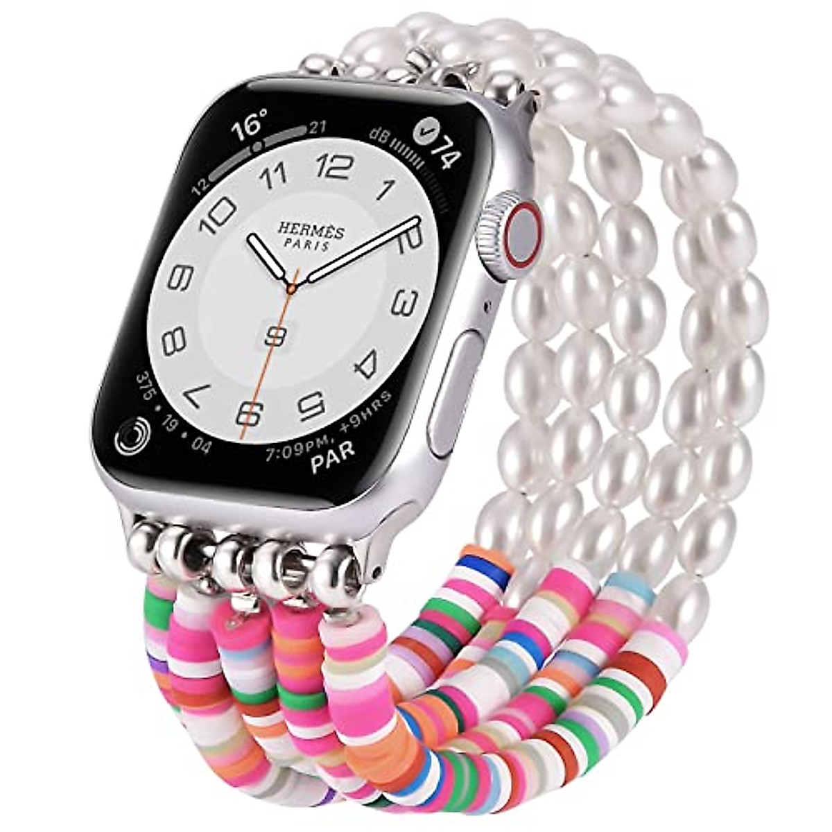 V-MORO Beaded Bracelet Compatible with Apple Watch Bands Series 7/6 45mm 44mm 42mm Women, Peal Silicone Sheet Fashion Handmade Elastic Stretch Strap for iWatch Series SE/5/4/3/2/1
