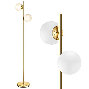 Mid Century Modern 2 Frosted Glass Globe Floor Lamp for Living Room,Contemporary LED Standing Light, Gold Corner Pole Lamp for Office Bedroom, Study Room, Hotel, Antique Brass Standing Lighting